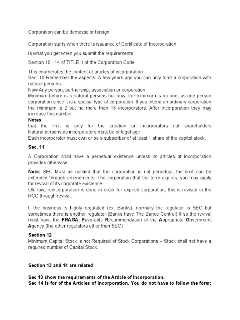 Corporation Law Notes 9-12-22 | PDF | Securities (Finance) | Corporations