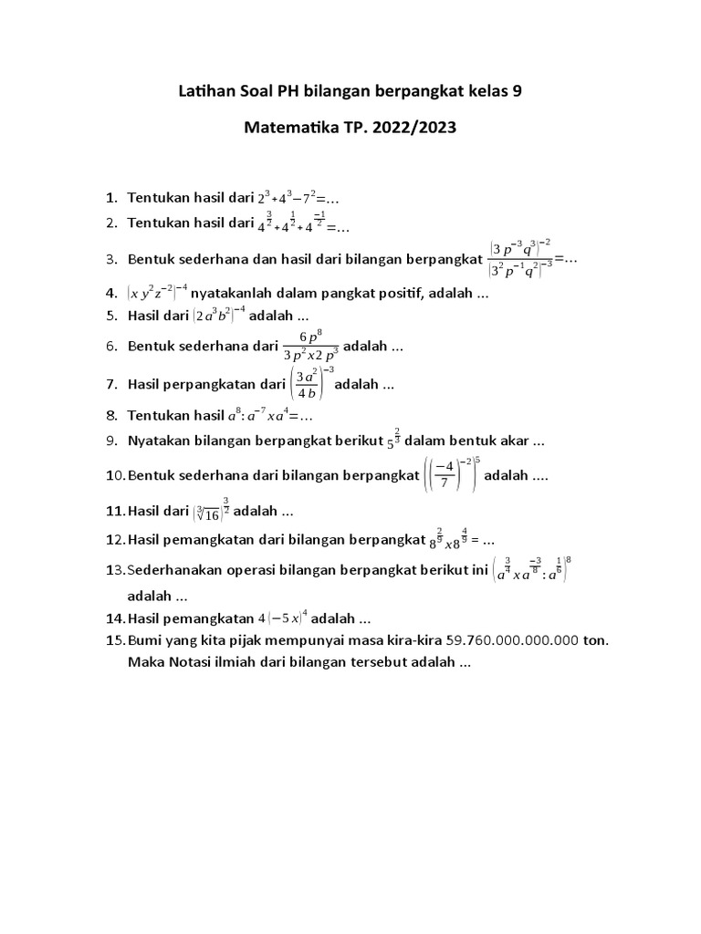 Latihan Soal PH Bilangan Berpangkat Kelas 9 | PDF