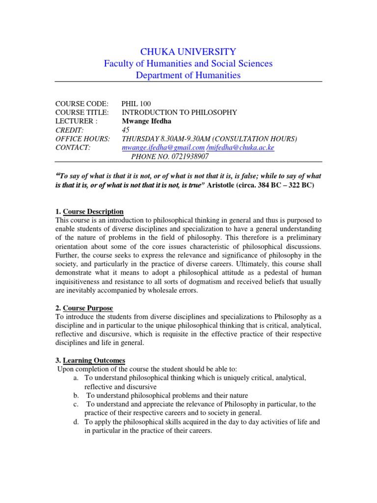 PHIL 100 Intriduction To Philosophy Course Outline Chu Uni PDF 1 | PDF ...