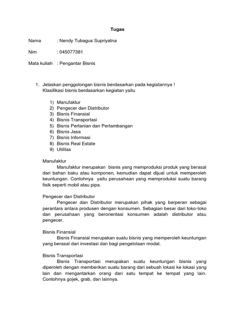 Tugas Pengantar Bisnis - Nendy | PDF | Bisnis | Pengelolaan Keuangan & Uang