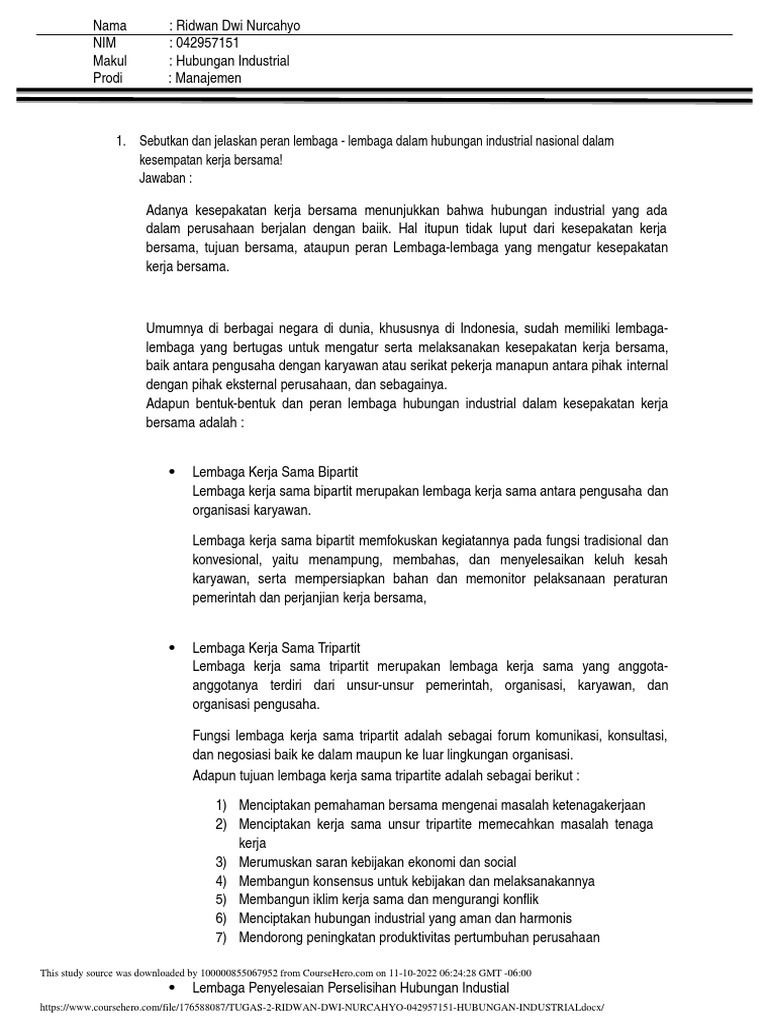 Tugas 2 Ridwan Dwi Nurcahyo 042957151 Hubungan Industrial | PDF | Karier & Perkembangan | Bisnis