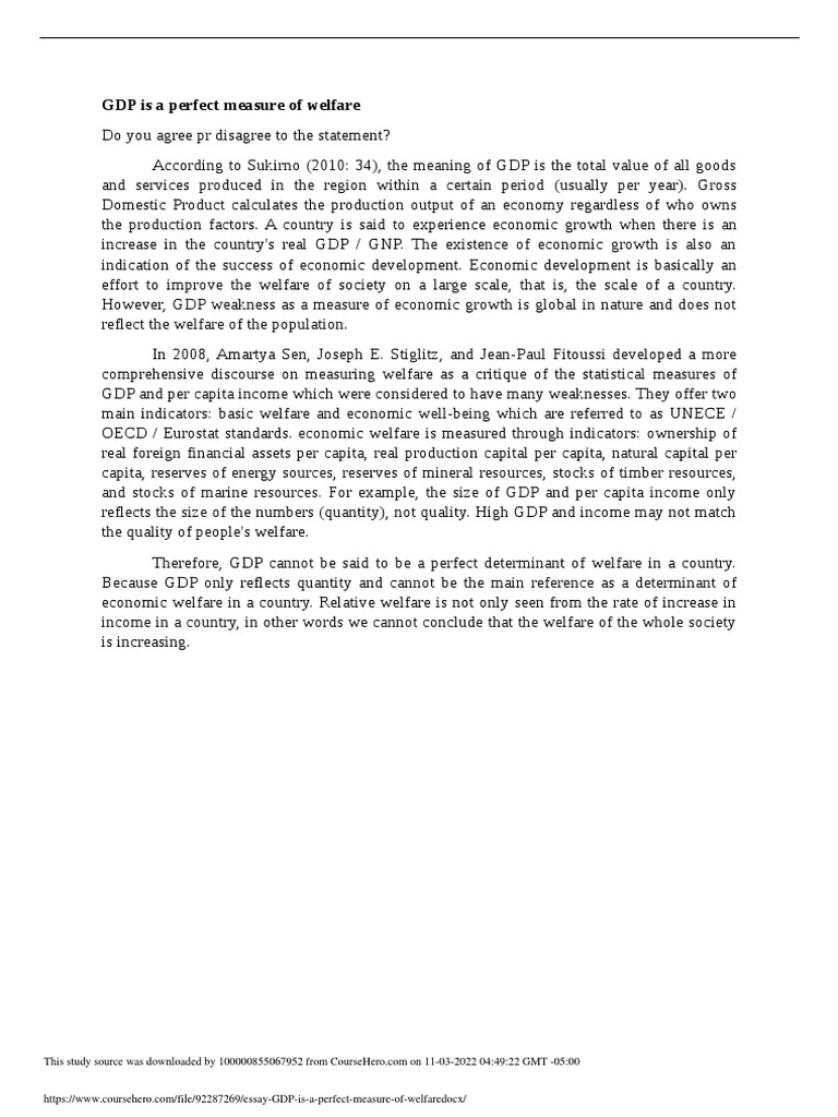 GDP as an Imperfect Measure of Welfare: A Critique of GDP's Limitations ...