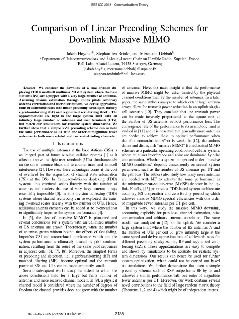 Comparison Of Linear Precoding Schemes For Downlink Massive Mimo Pdf Mimo Duplex