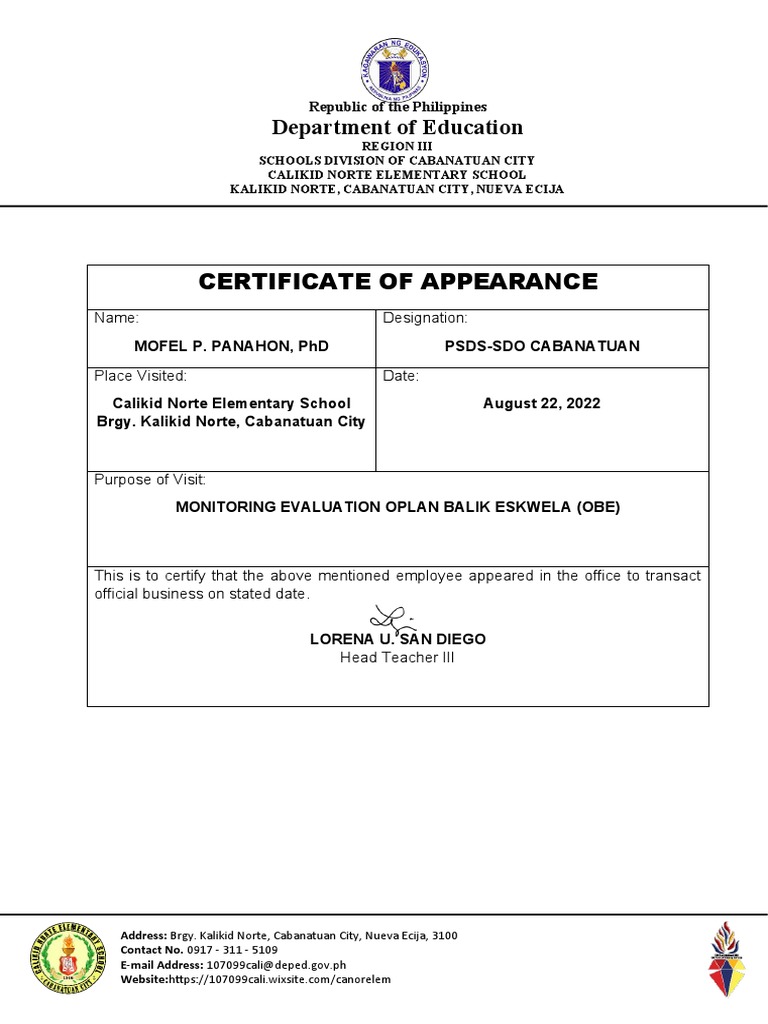 Certificate of Appearance of Guests Visitiors | PDF | Philippines | Government