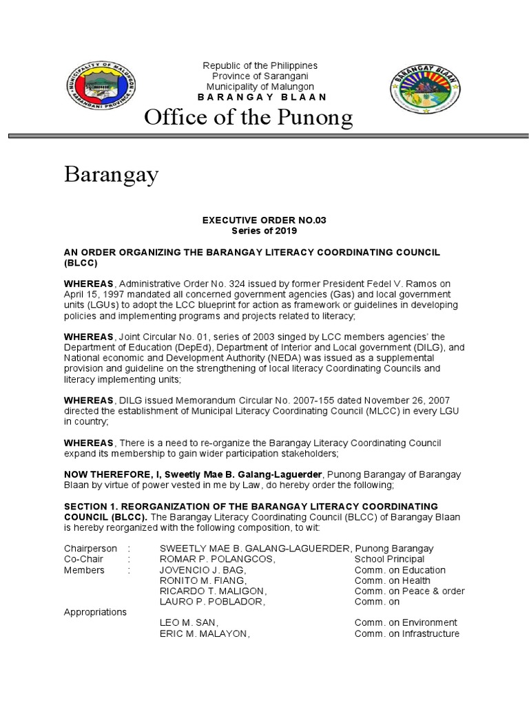 Barangay Literacy EO | PDF | Government