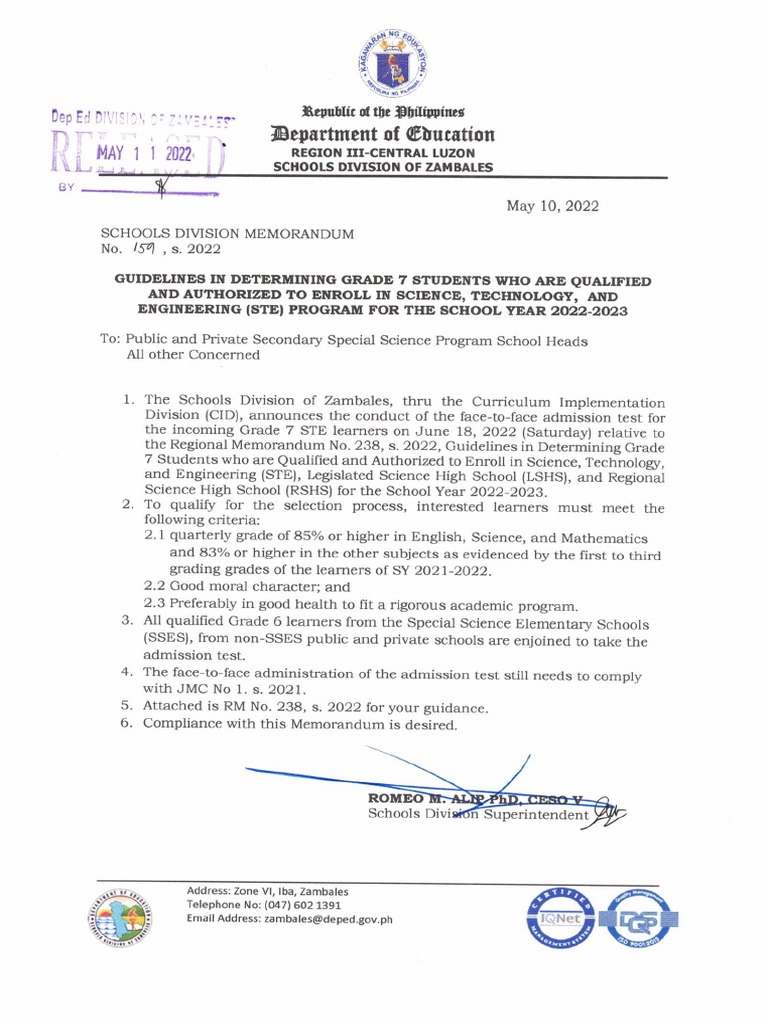 SDM No. 159, s.2022 - Guidelines in Determining Grade 7 Students Who ...