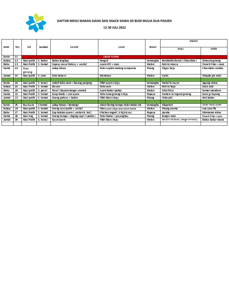 Menu Maksi Dan Snack Siswa Juli 2022 For Share | PDF