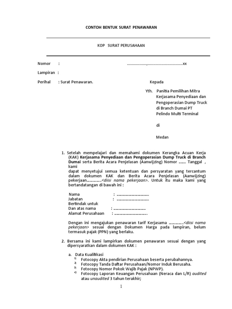 Lampiran TOR (Surat Penawaran, Tunduk Perdir, Kebenaran Dokumen, BoQ) | PDF