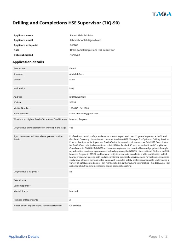 Application Drilling and Completions Hse Supervisor 260003 Fahmi ... Application Drilling and Completions Hse Supervisor 260003 Fahmi ...