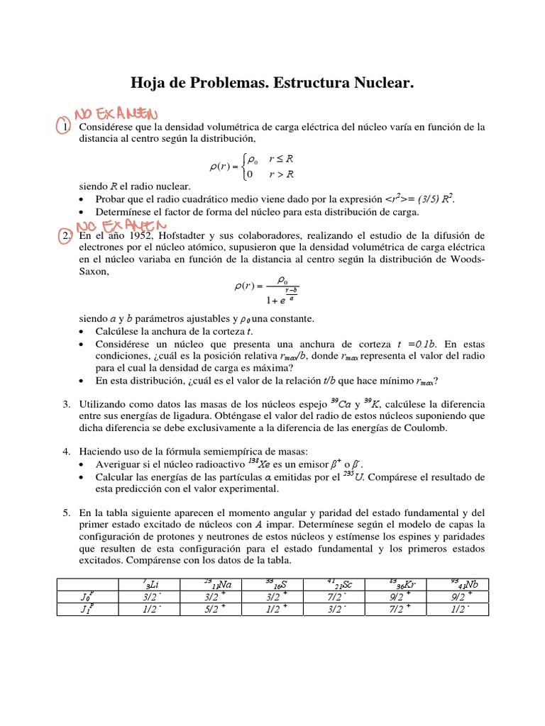 Hoja Problemas Nuclear | PDF | Núcleo atómico | Partículas subatómicas