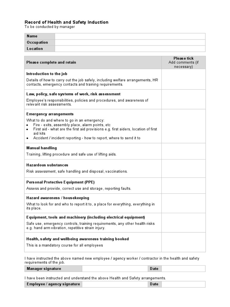 Health and Safety Induction Checklist | PDF | Occupational Safety And ...