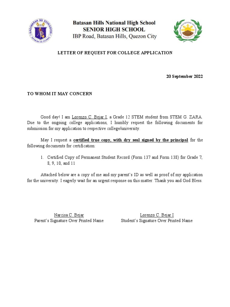 Letter Format For Guidance and Registrar | PDF