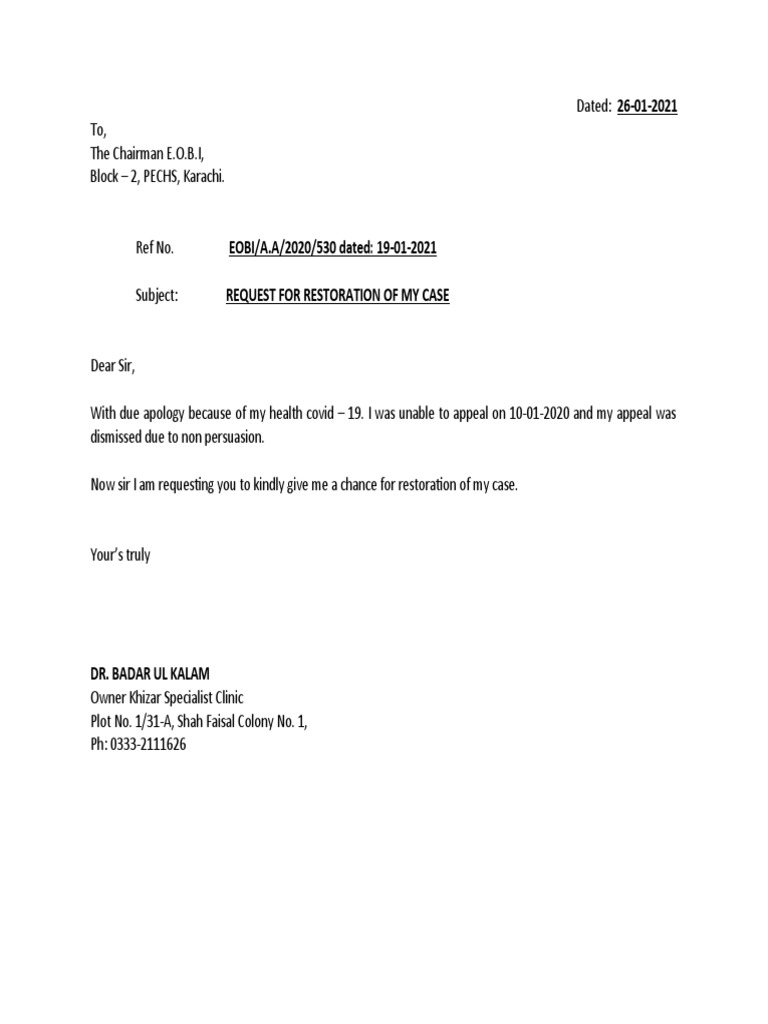 Request for Case Restoration by Dr. Kalam | PDF | Law
