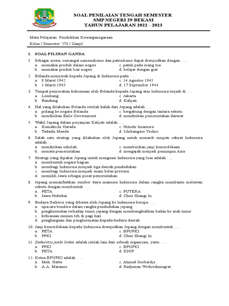 Soal PTS PPKn Kelas VII 2022/2023 | PDF