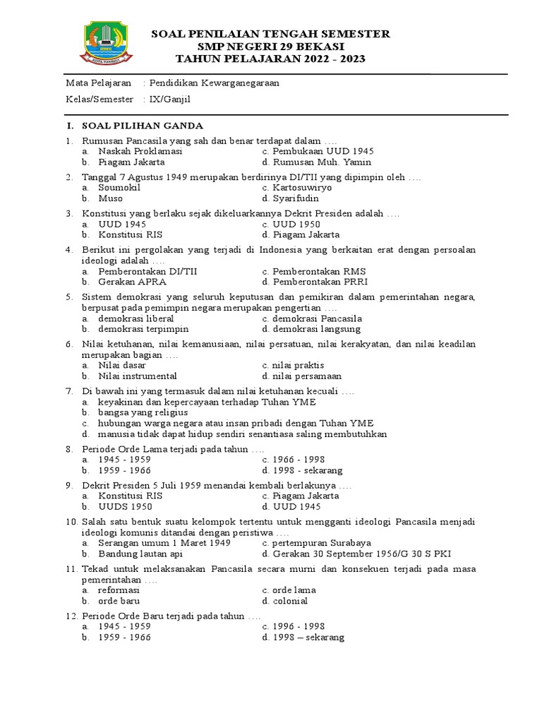 Soal PTS Ganjil PPKN 9 2223 | PDF