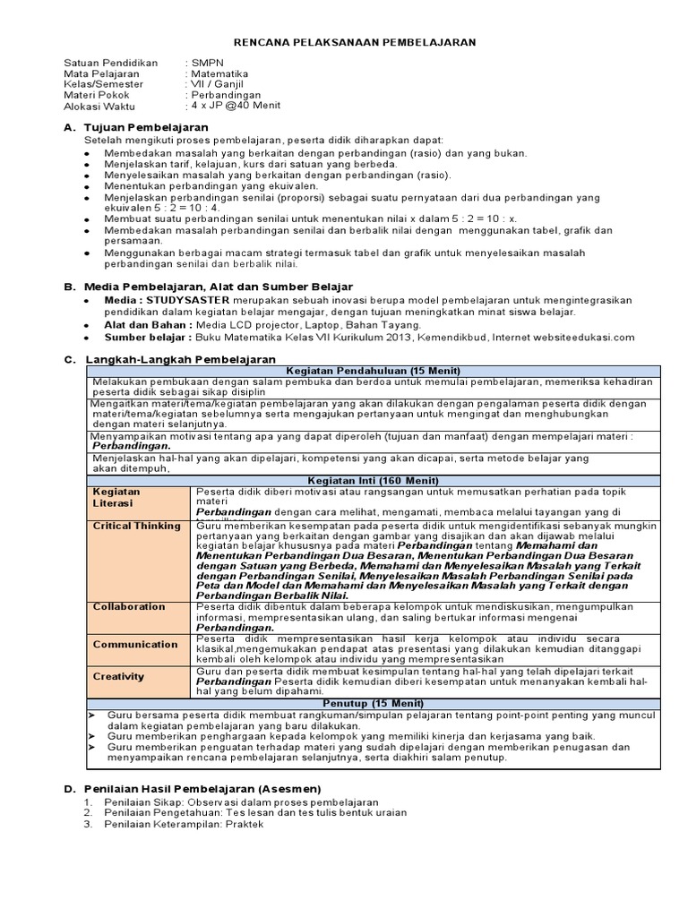 RPP 1 Lembar MTK Kelas 7 - Perbandingan | PDF