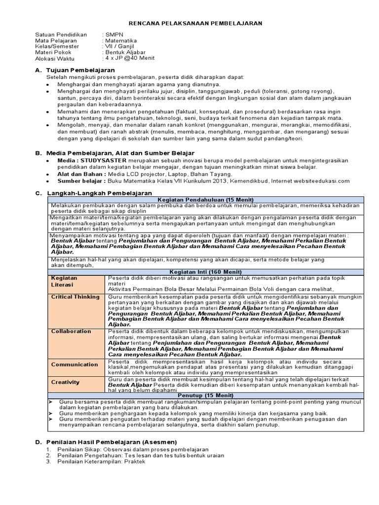 RPP 1 Lembar MTK Kelas 7 - Bentuk Aljabar | PDF