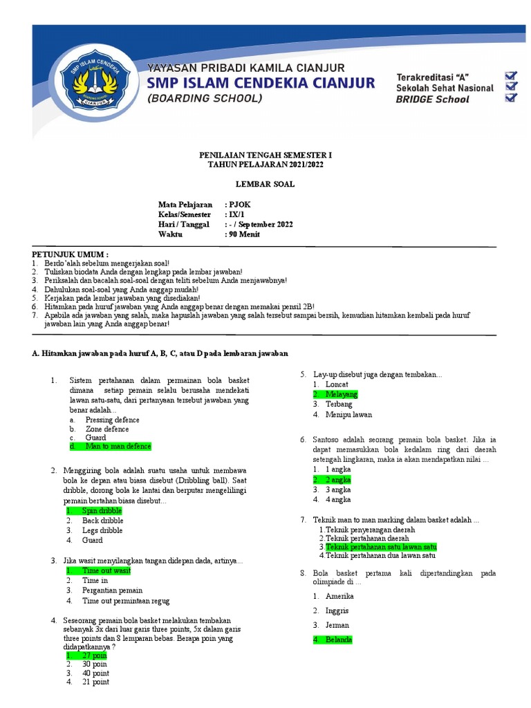 Soal PJOK Kelas IX Semester 1 | PDF