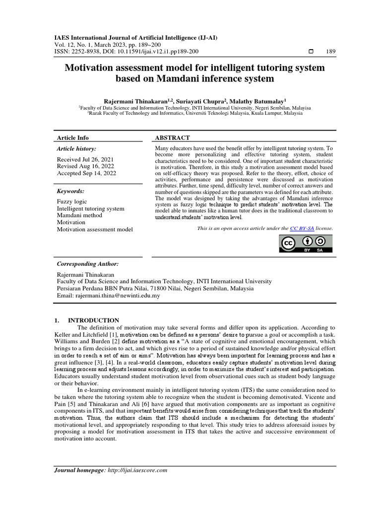 Motivation Assessment Model For Intelligent Tutoring System Based On Mamdani Inference System ...