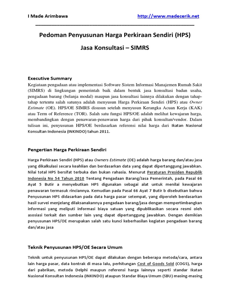 Pedoman Penyusunan Harga Perkiraan Sendiri Hps Jasa Konsultasi Simrs Badan Usaha | PDF