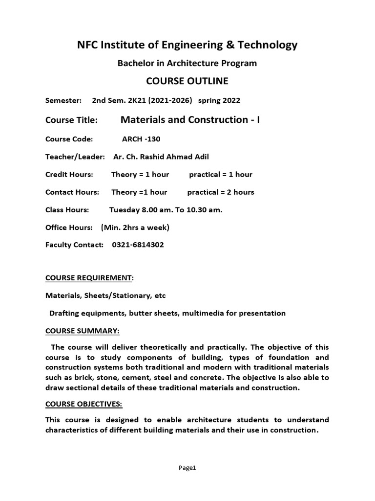 2nd Sem 2K21 Spring-2022 Materials & Construction I | PDF | Building Materials | Civil Engineering
