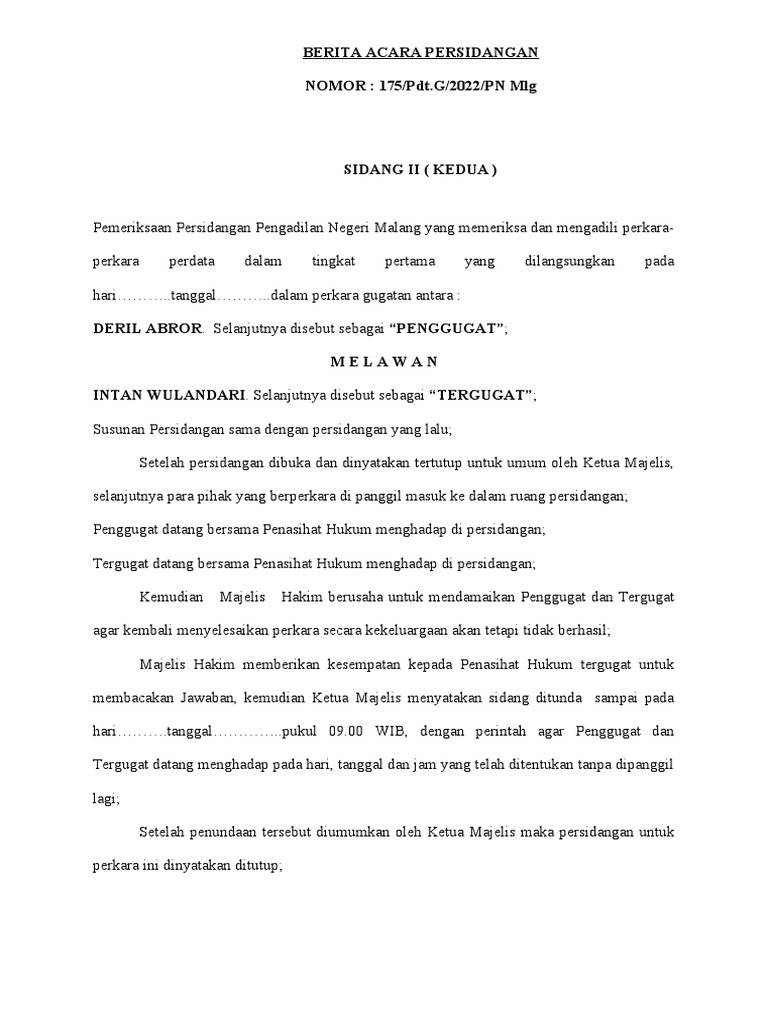 Berita Acara Sidang Perdata 175/Pdt.G | PDF