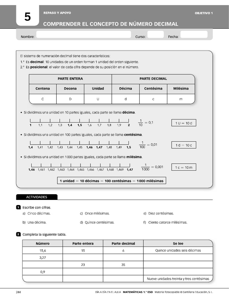 1 Eso. Números Decimales. Repaso y Apoyo | PDF