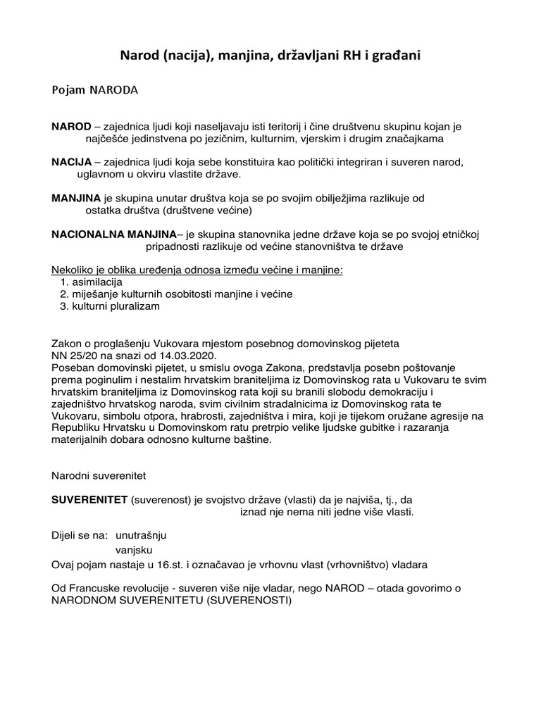Narod (Nacija), Manjina, Državljani RH I Građani POLITIKA | PDF