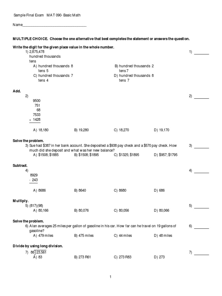 Mat 090 Sample Final Exam | PDF | Mathematics | Arithmetic