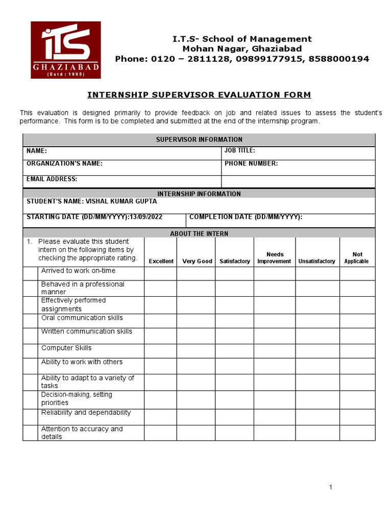 Internship Supervisor Evaluation Form VISHAL KUMAR GUPTA, SEC (A) | PDF ...