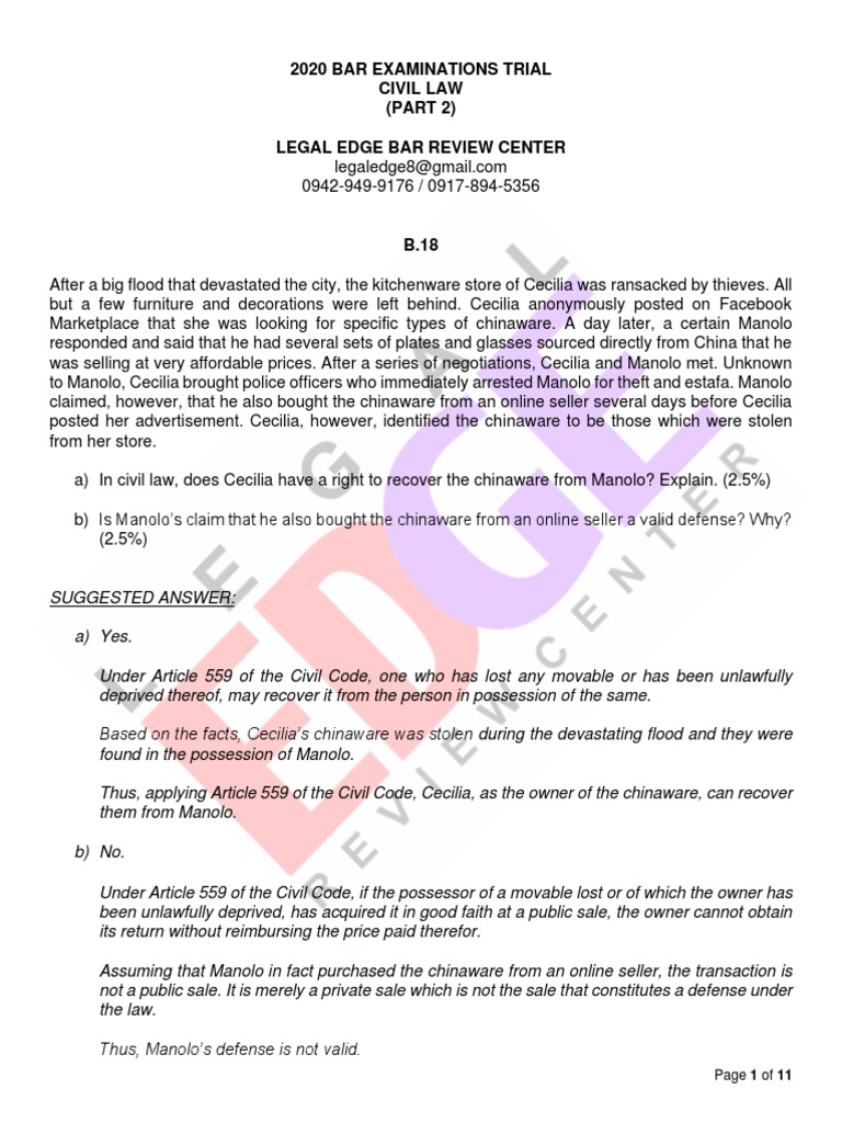 ANSWER KEY - 2020 BET Civil Law Part 2 | PDF | Lease | Assignment (Law)