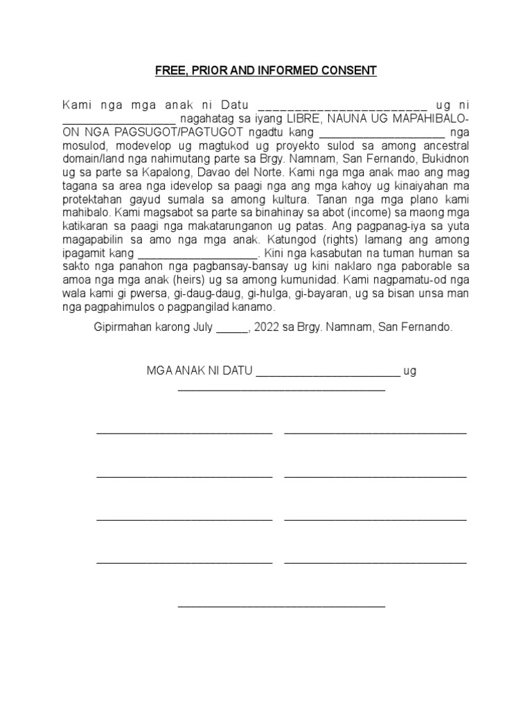 Free and Prior Informed Consent - Sample - NPG | PDF