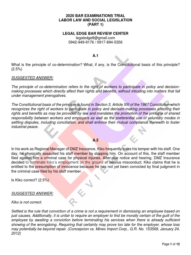 ANSWER KEY - 2020 BET Labor Law and Social Legislation Part 1 | PDF ...