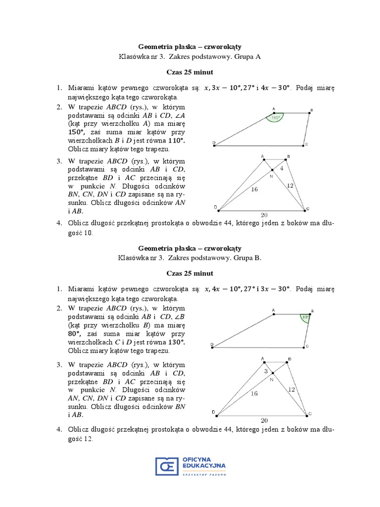2021 3 Klasowka kl3 Geometria Plaska Czworokaty ZP Ab | PDF