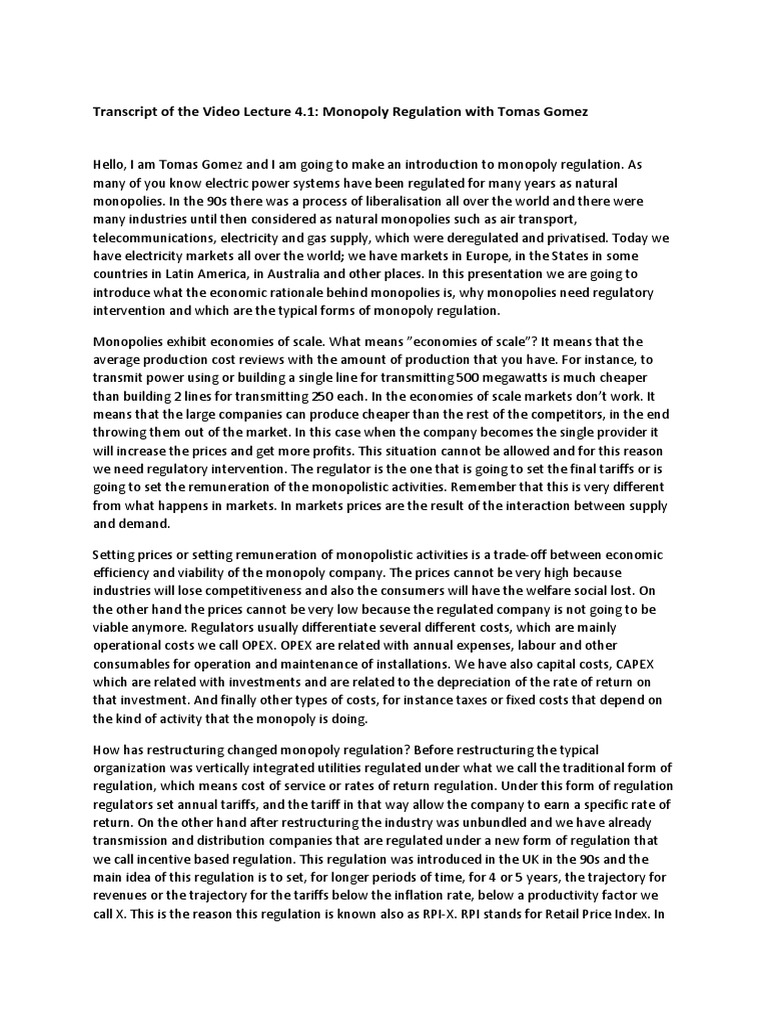 Transcript For Video Lecture 4.1 | PDF | Monopoly | Prices
