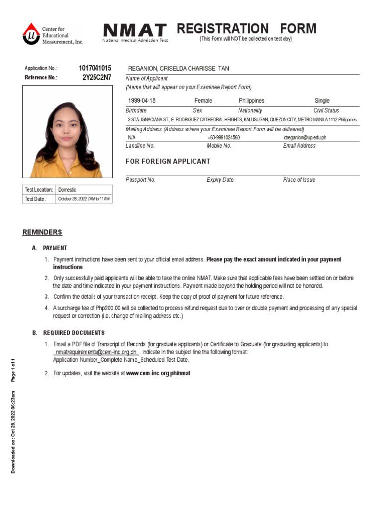 NMAT Registration Form: Application Details and Testing Instructions ...