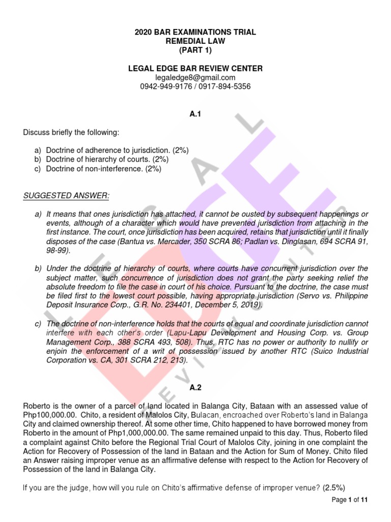 ANSWER KEY - 2020 BET Remedial Law Part 1 | PDF | Cause Of Action | Lawsuit