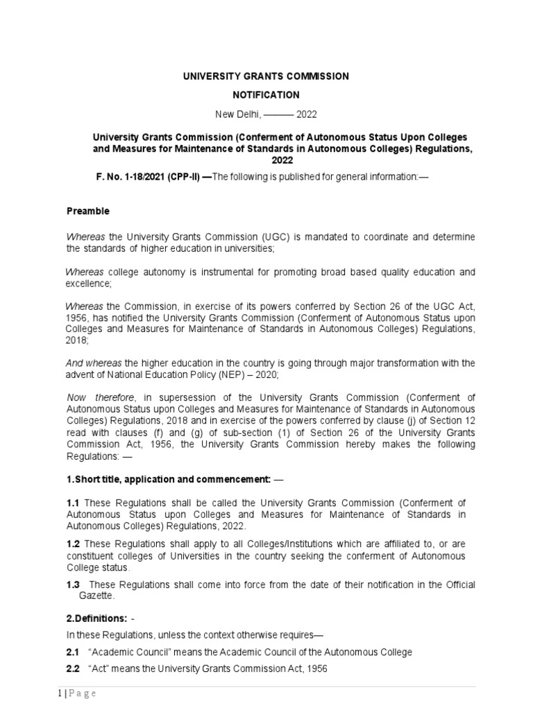 UGC Regulations for Autonomous Colleges 2022 | PDF | College | Academic Degree