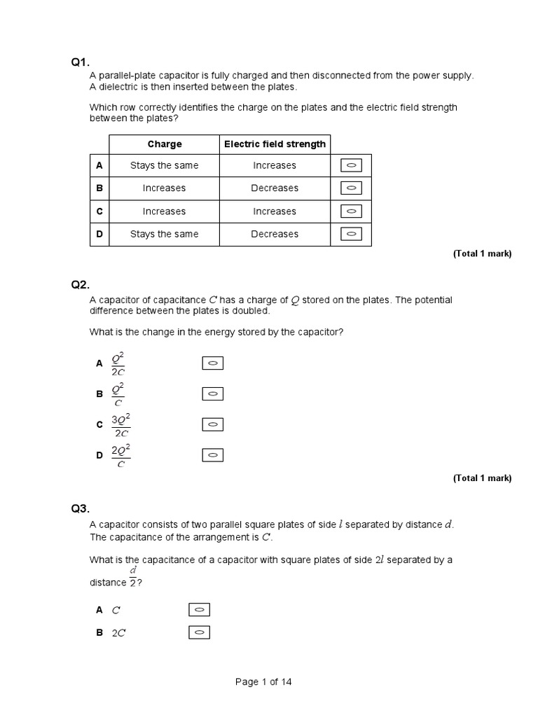 23 Capacitors Multi Choice EXTRA Questions Part 1 | PDF | Capacitor ...