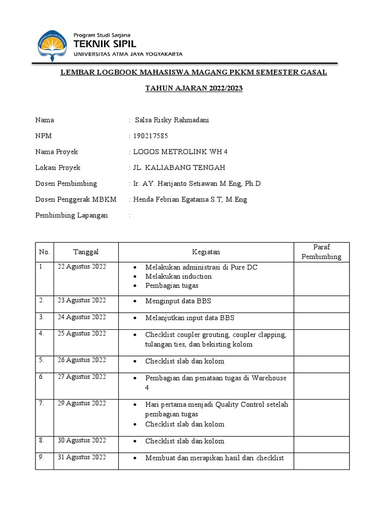 Template Logbook Magang PKKM 2022 | PDF