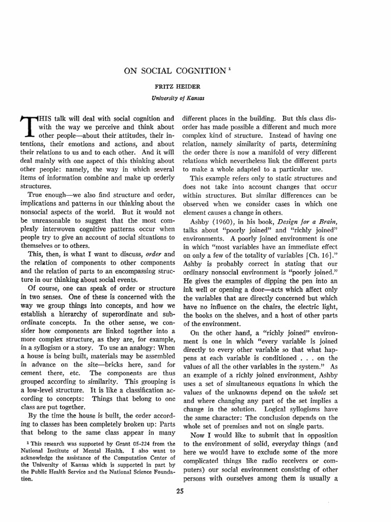 On Social Cognition - Fritz Heider | PDF