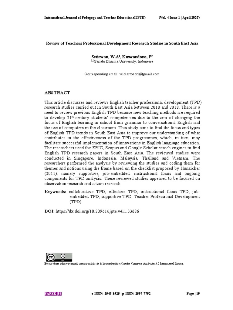A Review of English Teacher Professional Development Research in Southeast Asia Focusing on ...