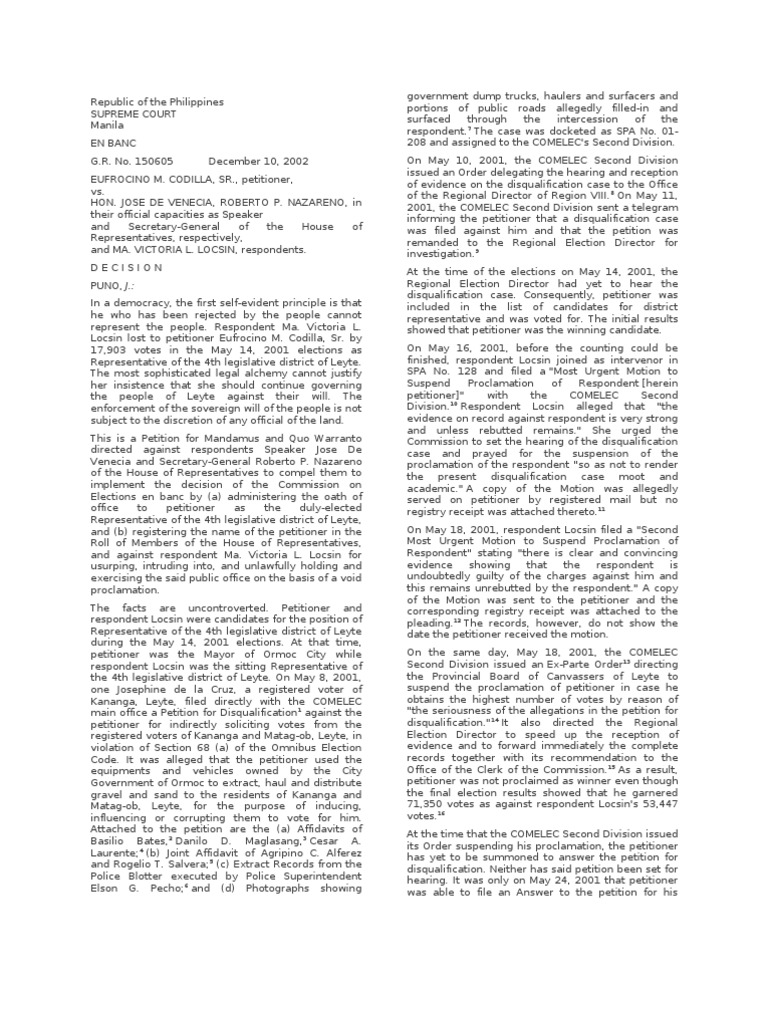 Supreme Court Ruling on Leyte Election Dispute | PDF