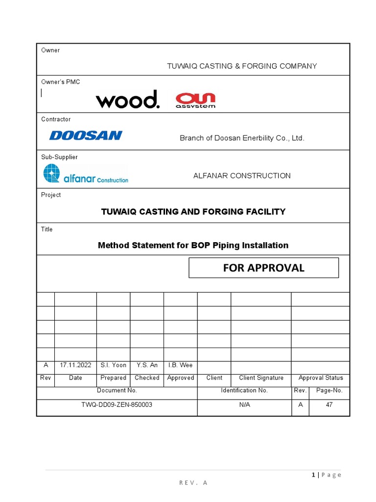 Method Statement For BOP Piping Installation - Rev. A | PDF