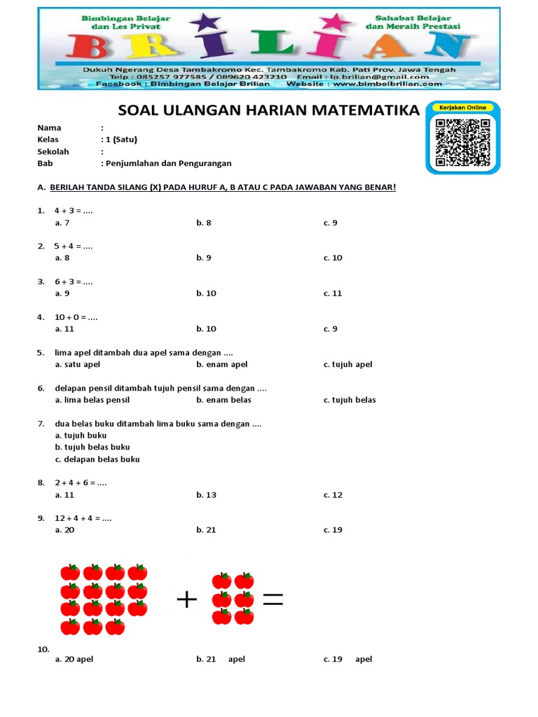 Soal Matematika Kelas 1 SD Bab 2 Penjumlahan Dan Pengurangan Dan Kunci ...