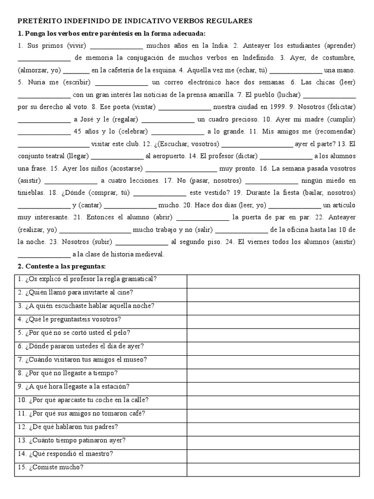 Ejercicios de Pretérito Indefinido | PDF | Miguel De Cervantes | Don ...