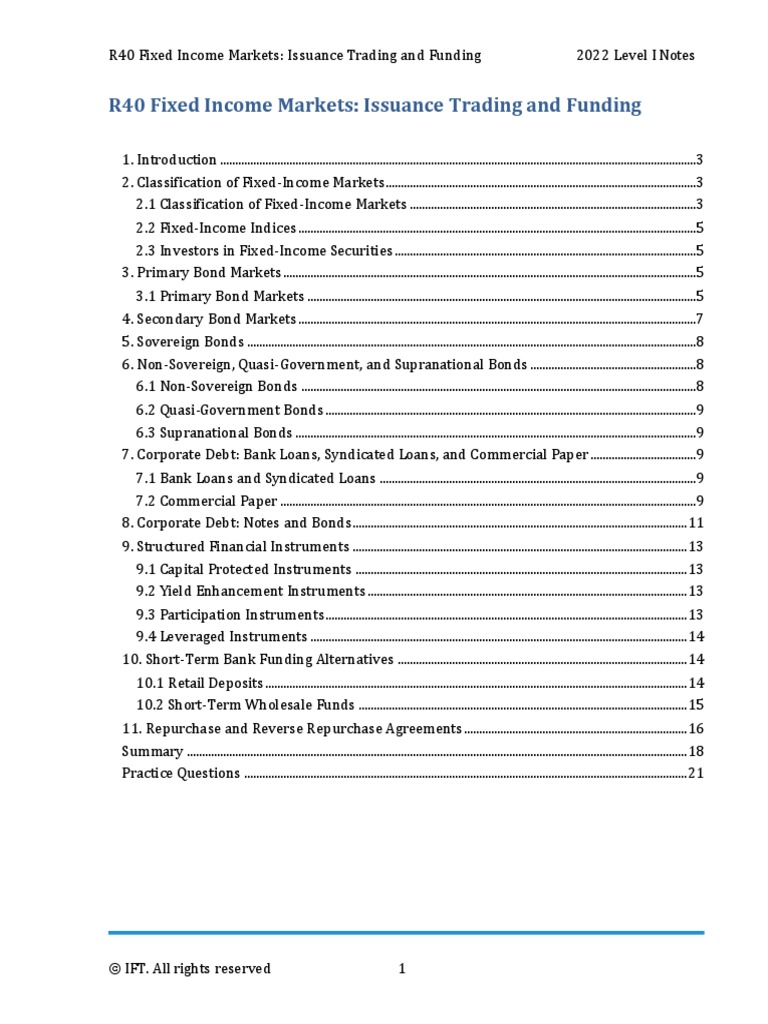 L1 R40 Fixed Income Market Issuance, Trading and Funding - Study Notes ...