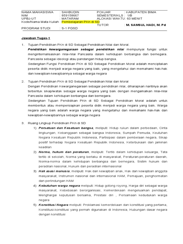 Tugas 1 - Pembelajaran PKN Di SD | PDF
