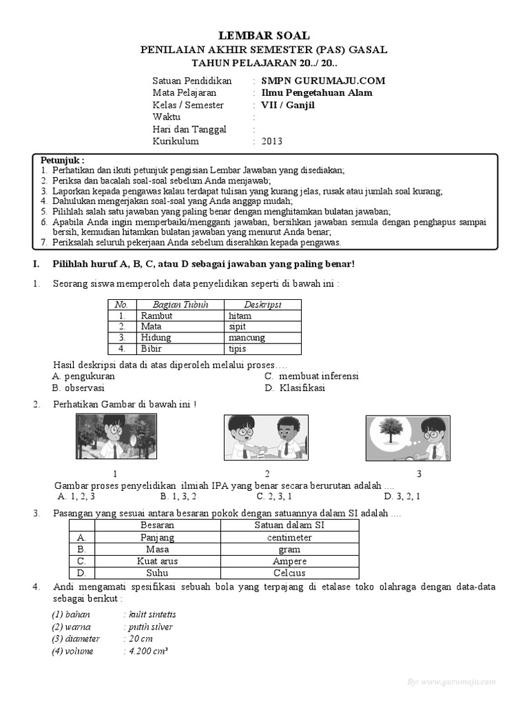 Soal PAS IPA Kelas 7 K13 Semester 1 | PDF