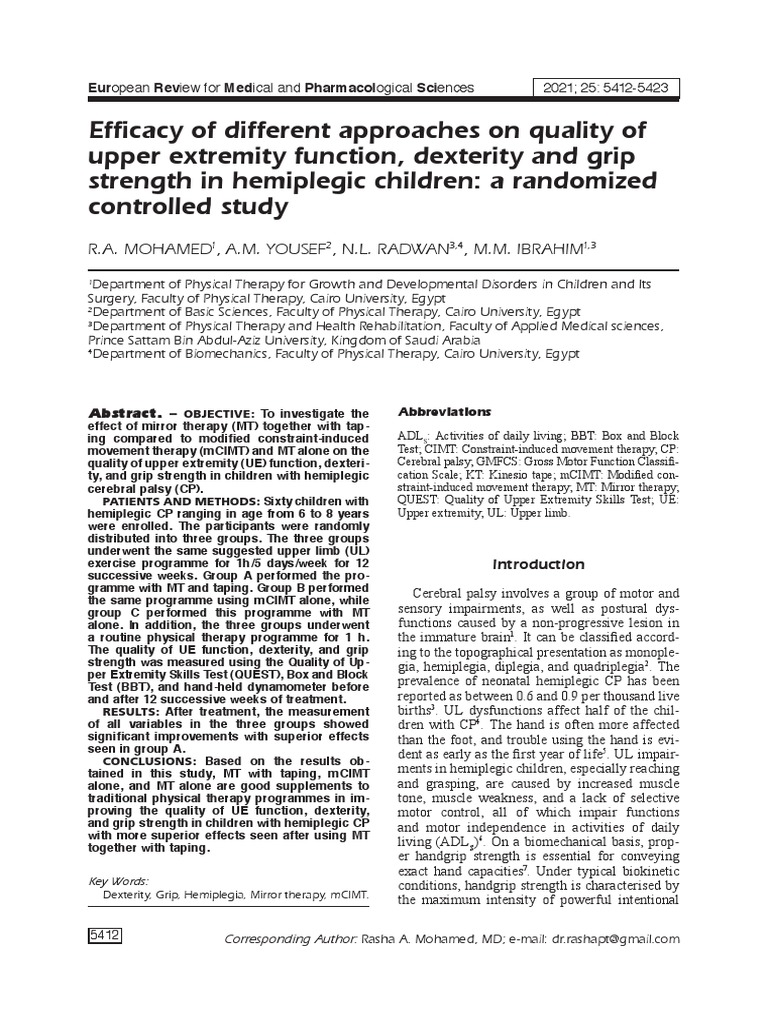 Efficacy of Different Approaches On Quality of Upper Extremity Function, Dexterity and Grip ...